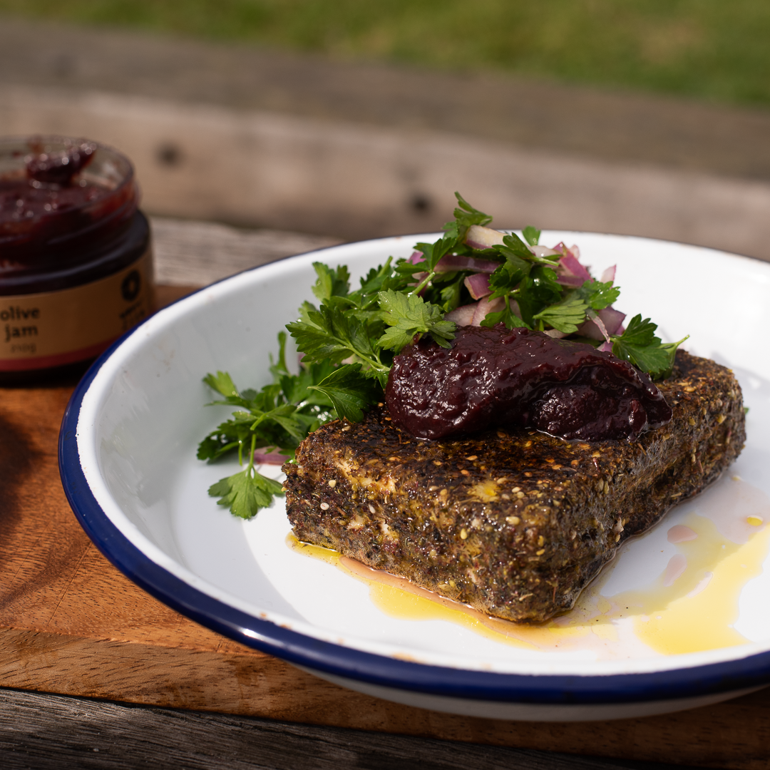 za'atar crusted feta w/ olive jam – Mount Zero Olives
