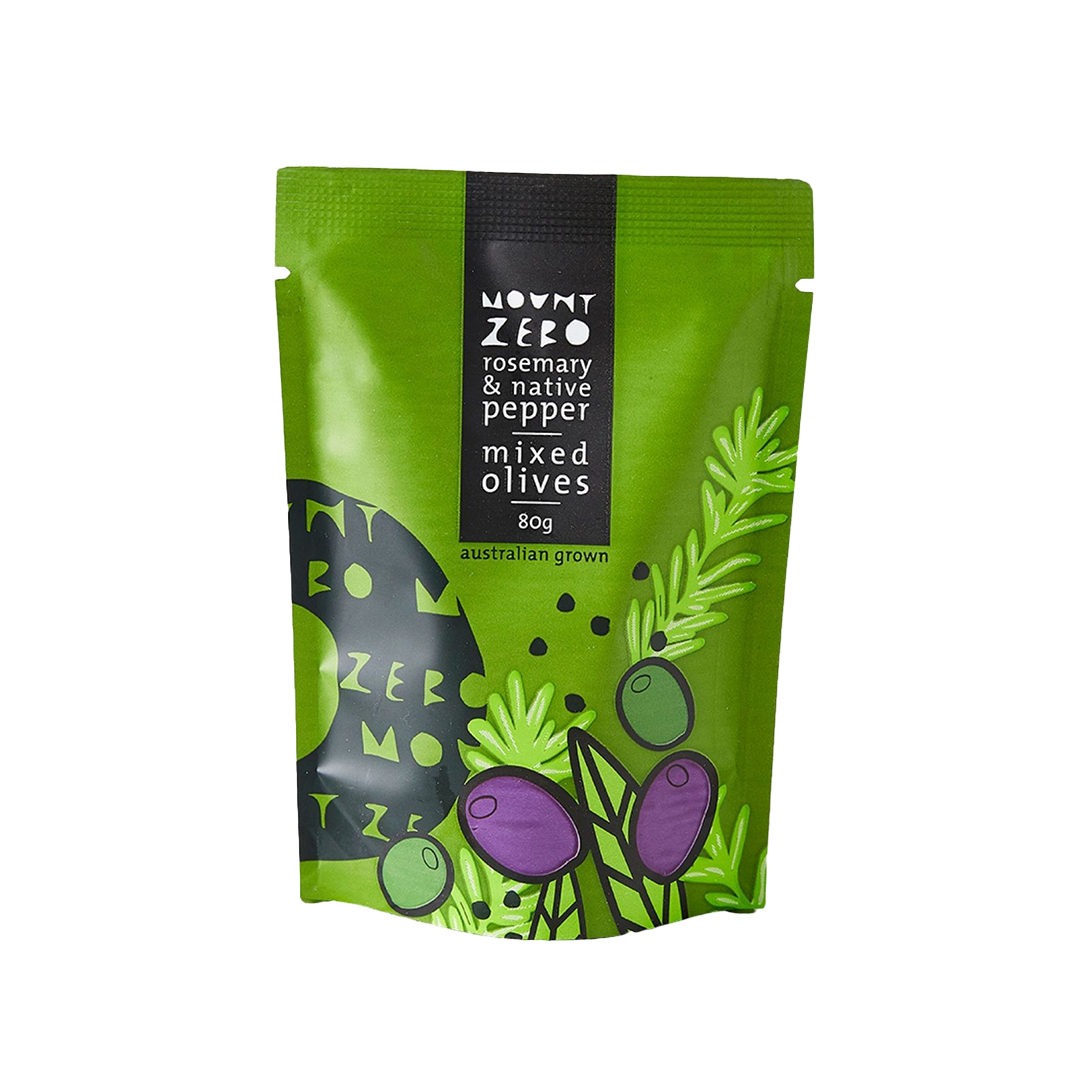 Rosemary & Native Pepper Marinated Mixed Olives Pouch – Mount Zero Olives